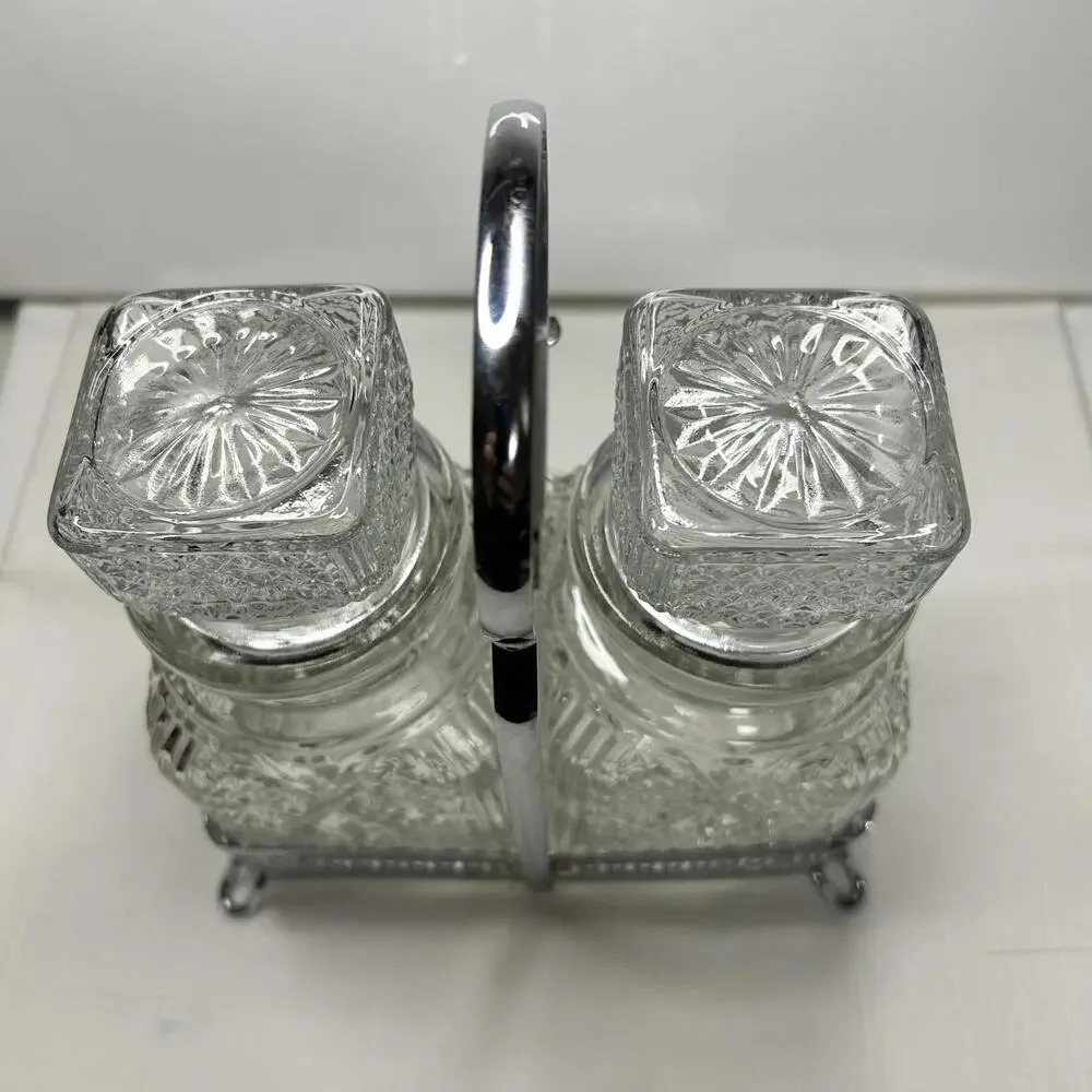 Dining | Vintage Pressed Glass Condiment Set Silver Tone Caddy 4 Piece ...